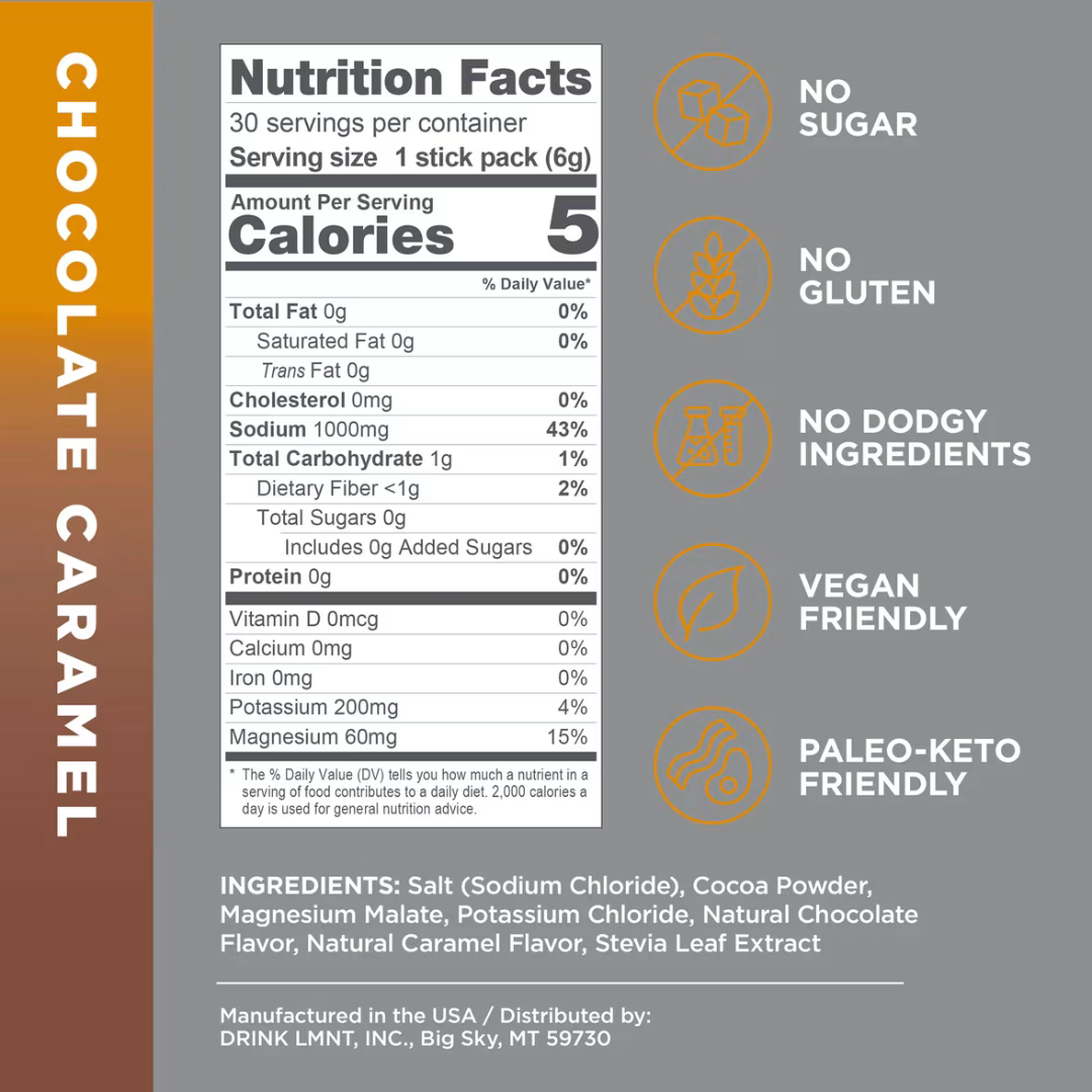 LMNT Recharge Electrolyte Drink Mix - Chocolate Caramel Box Pack of 30 ...